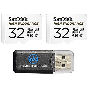SanDisk High Endurance 32GB MicroSDHC Memory Card (2 Pack) for Dash Cams & Home Security System Cameras (SDSQQNR-032G-GN6IA) Class 10 Bundle with (1) Everything But Stromboli MicroSD Card Reader