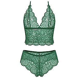 TISDEN Women Lace Lingerie Bralette Bra and Panty Set Underwear 2 Piece Babydoll Sleepwear Bodysuit Green XL