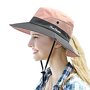 Womens Sun Hat with Ponytail Hole Sun Shade Hat UV Protection Foldable Mesh Wide Brim Beach Hiking Fishing Hat for Women (Pink)
