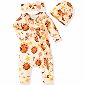 Aalizzwell 3-6 Months Baby Girls Thanksgiving Clothes Premature Long Sleeve Zip Up Romper One Piece Turkey Fall Autumn