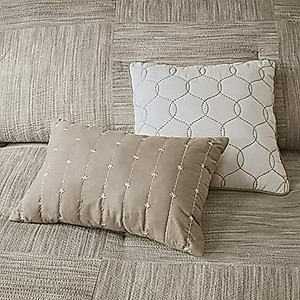 Madison Park Walter Comforter-Luxe Seersucker Print Design All Season Down Alternative Bedding, Matching Shams, Bedskirt, Decorative Pillows, Queen (90 in x 90 in), Taupe