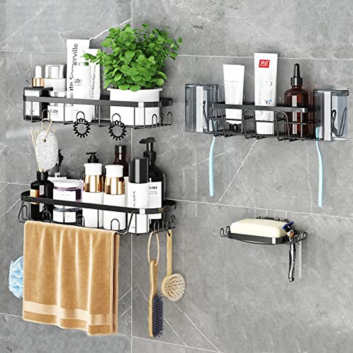 ANTOPY 2 Tier Fruit Basket with 2 Banana Hangers, Countertop Fruit Vegetable Basket Bowl for Kitchen Counter & Shower Caddy Shelf Rack with Soap Dish Toothbrush Holder Shower Organizer 4 Pack