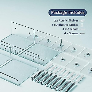 Weronique 2-Pack Wall Shelves Small Adhesive Floating Shelves Acrylic Hanging Shelves Display Ledges with 2 Types of Installation, Clear