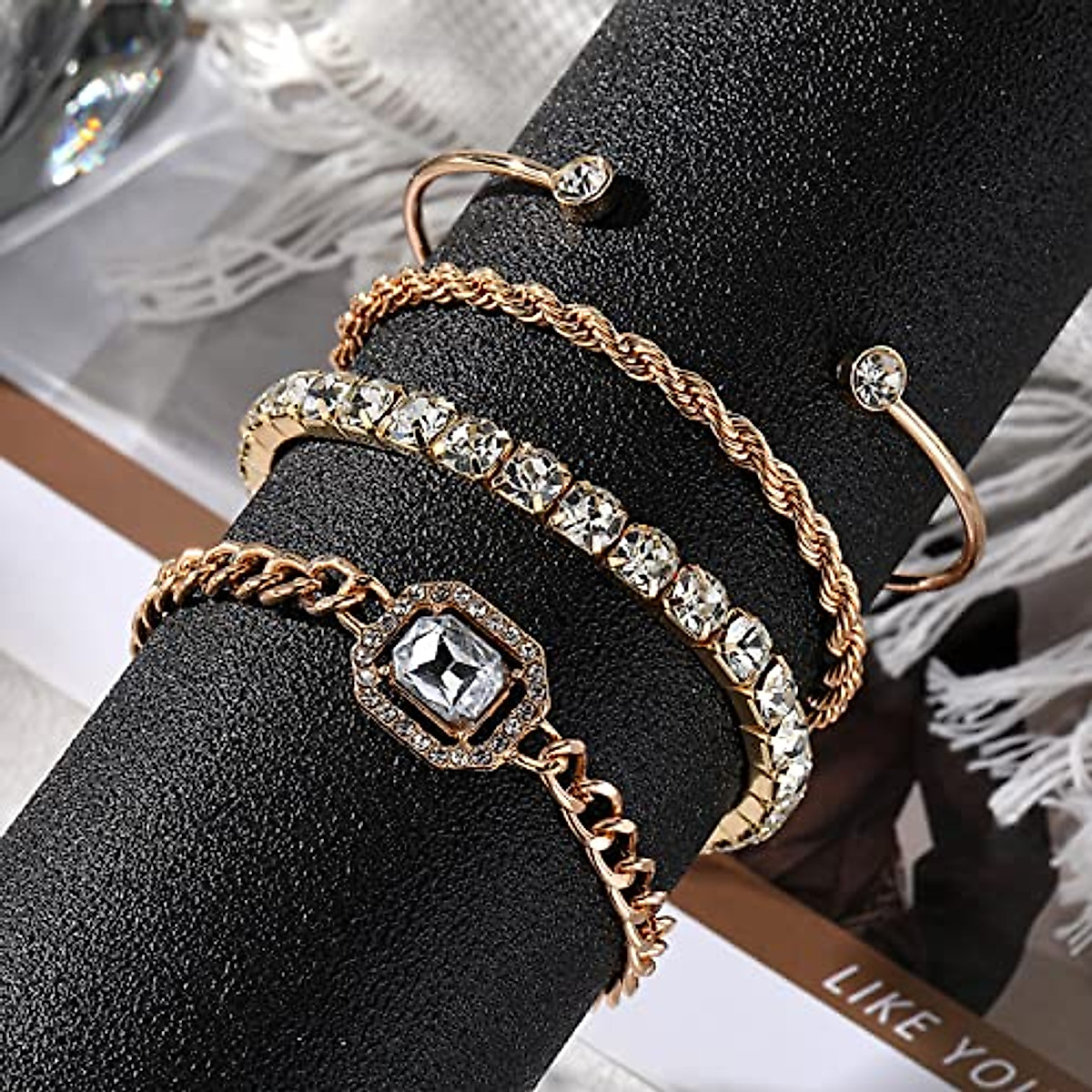 IFKM Gold Bracelet For Women Girls Dainty 14k Gold Plated Bangle Bracelets Set Adjustable Tennis CZ Twisted Chain Link Bangle Bracelet Layered Charm Jewelry Gift For Anniversary (Gold)
