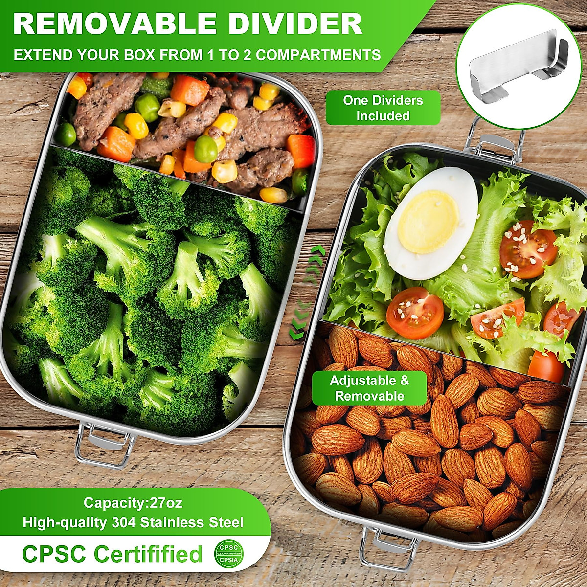 MOZAOUSA 750ml-Medium Stainless Steel Lunch Box | 27oz | with Removable Divider, 100% Leak-Proof Metal Bento Box, Steel Snack Containers with Lids, Meal Storage Solution for Travel & Work