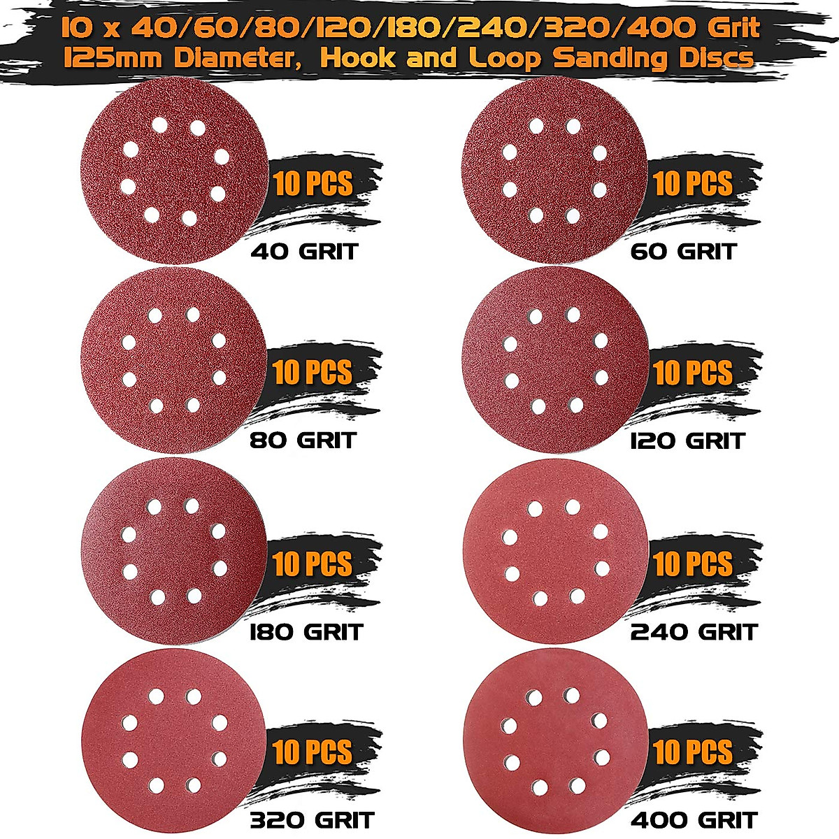 80pcs 5 inch Sanding Discs Hook and Loop, 8 Hole Orbital Sander Sandpaper, 10 x 40/60/80/120/180/240/320/400 Grit Orbital Sander Pads, Round Sandpaper Discs by Taspire