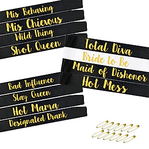 Bachelorette Sash Set (12 pcs) - Bride to Be Sash Bachelorette Party Decorations - Unique Bride and Bridesmaid Sashes for Bachelorette party (Black, Gold letters). Ideal Bridal Shower Supplies