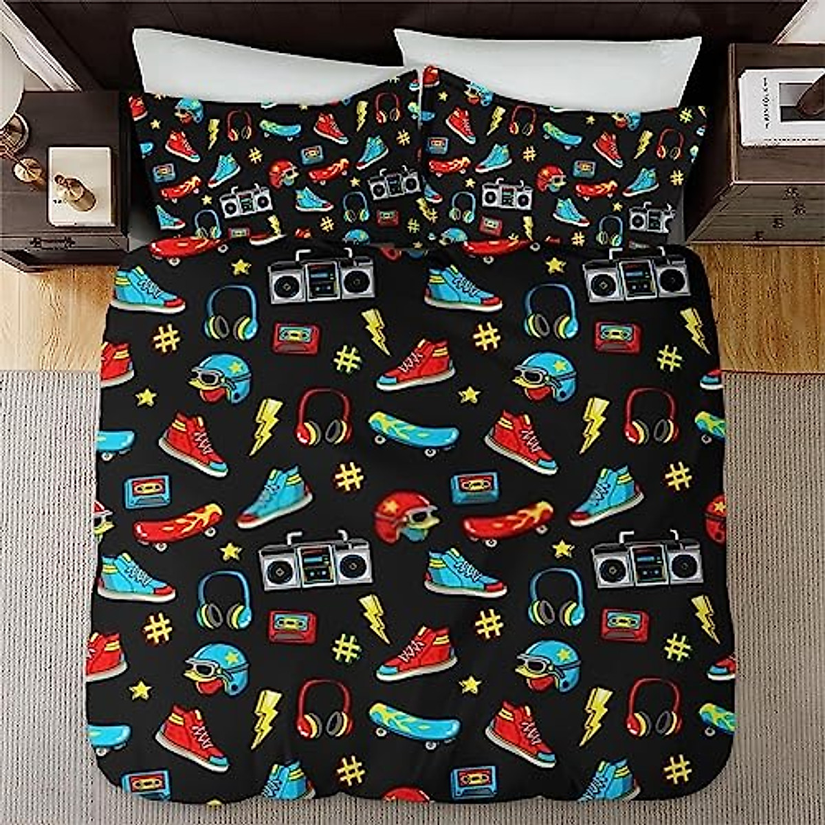 Duvet Cover Queen Size, 80S Cool Cute Retro Bedding Set with Zipper Closure for Kids and Adults, Red Neon Colorful Comforter Cover with 2 Pillow Shams for Bedroom Bed Decor