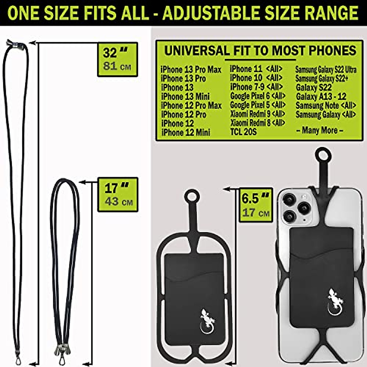 Mobile Phone Crossbody Chain Back Clip - by Gecko Black Neck Phone Holder Phone Lanyard Compatible with iPhone Lanyards for Around The Neck - (BLACK XL Neck - BLACK Pocket)