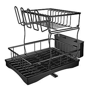 AININUOY Large Dish Drying Rack with Drainboard, 2 Tier Stainless Steel Dish Racks for Kitchen Counter, Dish Drainer with Wine Glass Holder, Drying Rack and Utensils Holder Set (Black)