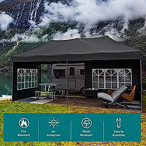 JOINATRE S-69 10'x20' Heavy Duty Pop Up Canopy Tent, Commercial Instant Canopy with Sidewalls, Outdoor Canopy Tent with 4 Sand Bags & Roller Bag, Waterproof Tent for Patio, Backyard, Garden, Black