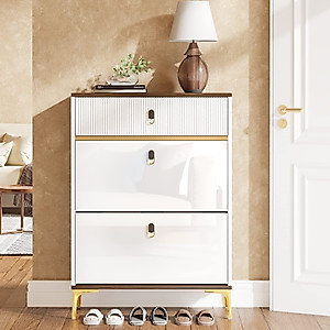 Tribesigns Shoe Cabinet for Entryway Slim: Shoe Storage Organizer Cabinet with 2 Flip Drawers, Wooden Shoe Rack with Gold Metal Legs for Entrance, Hallway, Living Room, White & Brown