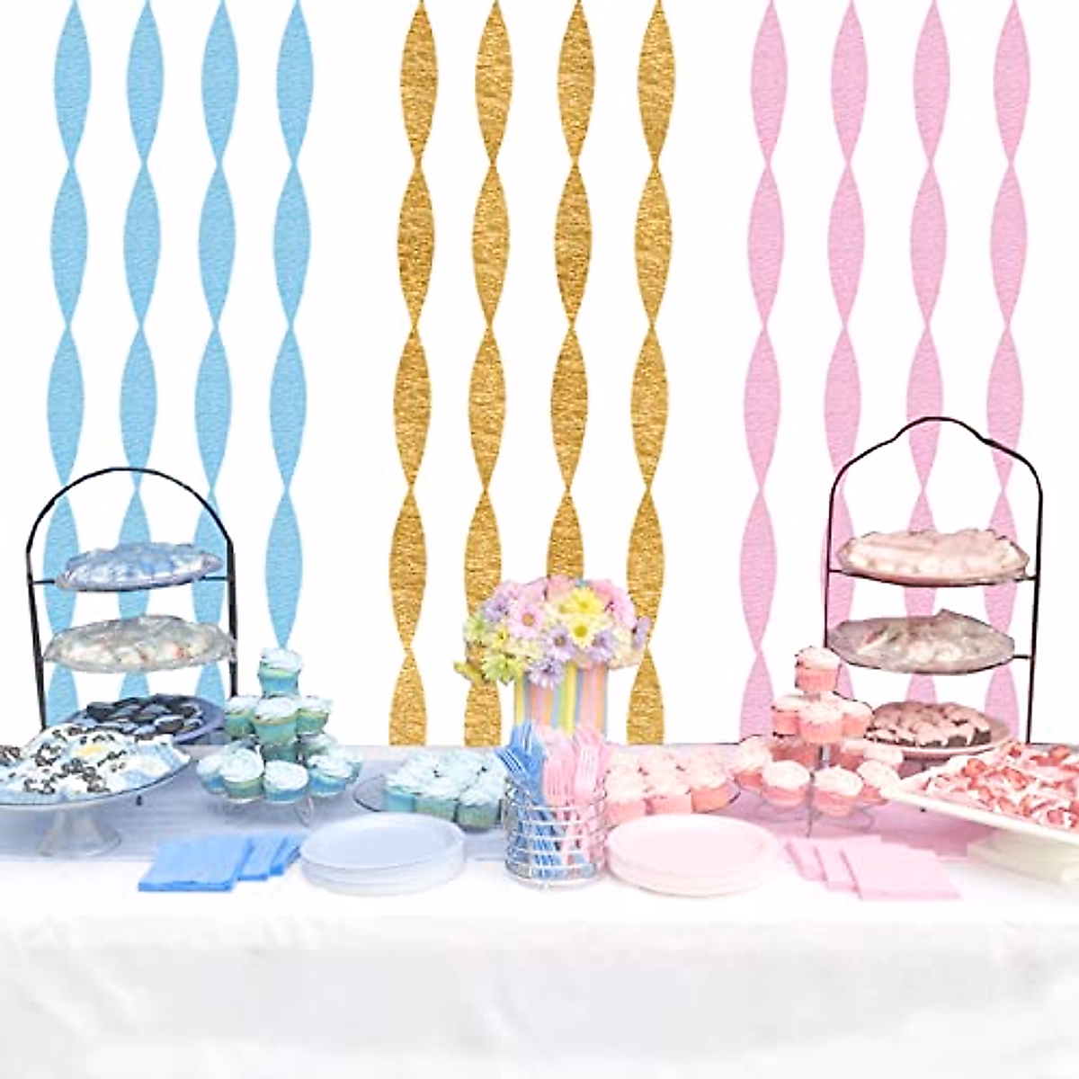 Gender Reveal Decorations Blue Pink - Set of 6 Crepe Paper Streamers Decoration for Baby Gender Reveal Party Supplies Gold Gender Reveal Theme Decor Ideas