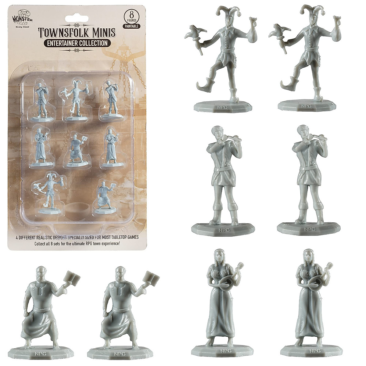 Monster Townsfolk Mini Fantasy Figures - 8pc Entertainer Non Player Character NPC Miniatures - 1" Hex-Sized Compatible w DND Dungeons and Dragons, Pathfinder and All RPG Tabletop Games