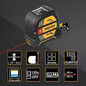 PREXISO 2-in-1 Laser Tape Measure, 135Ft Rechargeable Measurement Tool & 16Ft Measuring Movable Magnetic Hook - Pythagorean, Area, Volume, Ft/Ft+in/in/M Unit NOT Digital