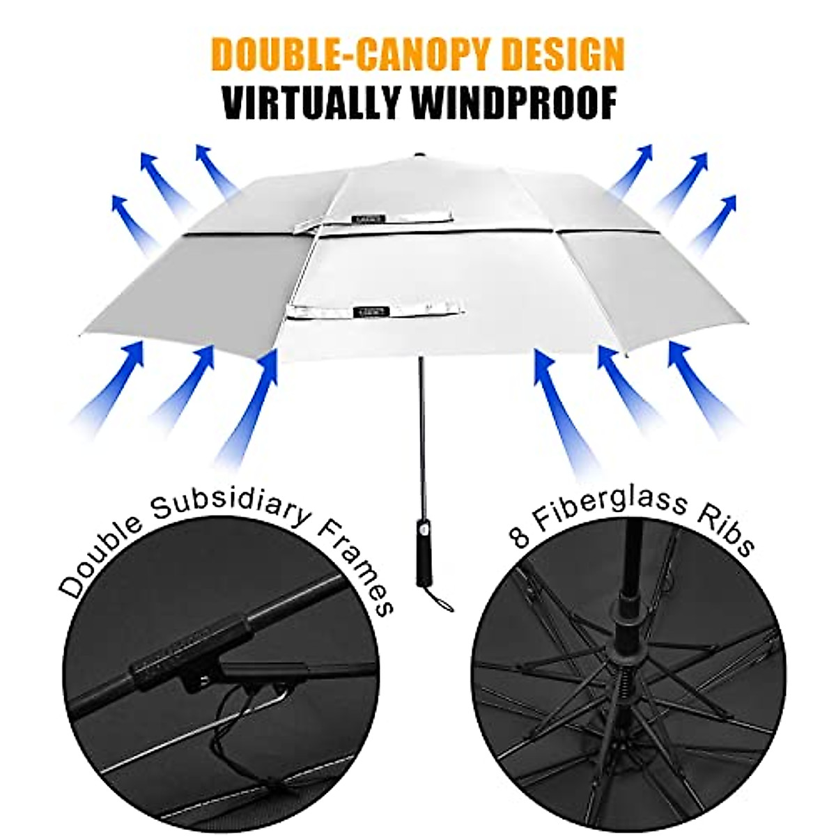 G4Free 62 Inch Portable UV Protection Large Golf Umbrella Automatic Open Double Canopy Big Sun Umbrella Windproof Oversize Sports Umbrellas(Silver/Black)