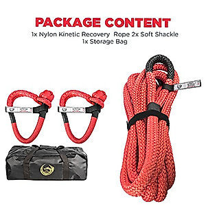 ATCWF 7/8" x 31.2' Tow Rope 29300 lbs Kinetic Recovery Rope,Nylon Double Braided Red Color,with 2 35000 lbs Spectra Fiber Soft Shackles and Storage Bag,for Off Road Vehicle,Pickup Truck,SUV,UTV,ATV