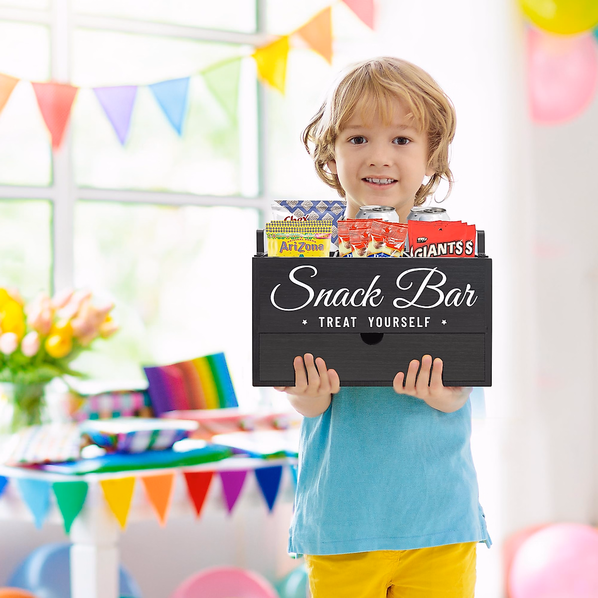 Snack Organizer for Countertop, Wood Pantry Storage Bins with Handles, Snack Organizer for Pantry, Kitchen, 4 Compartment Food Container Snack Box with Drawer, Pantry Organizer for Snacks, Chips