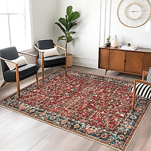 Valenrug Washable Rug 5x7 - Ultra-Thin Antique Collection Area Rug, Stain Resistant Rugs for Living Room Bedroom, Distressed Vintage Rug(Red, 5'x7')