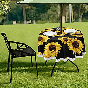 Xigua Sunflower Round Tablecloth 60" Waterproof Spillproof Polyester Fabric Table Cover with Zipper Umbrella Hole for Outdoor Patio Garden Dining Party
