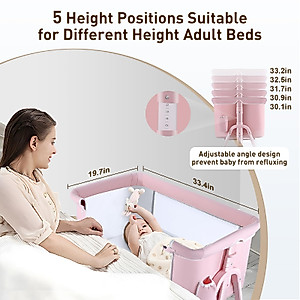 Uuoeebb 4 in 1 Bedside Bassinet for Baby, Portable Baby Bassinet with Wheels, Baby Crib with Changing Station, Mattress Included and Storage, Foldable Travel Bassinet for Baby/Infant/Newborn-Pink