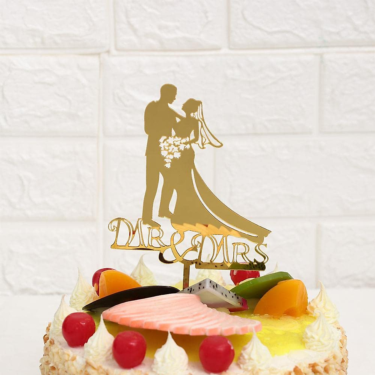 HomeSoGood 5Pcs Wedding Cake Topper Bride Groom Mr Mrs Wedding Decorations Acrylic Gold Cake Toppers Marriage Party Supplies Adult Favors(6.3inch,Gold)