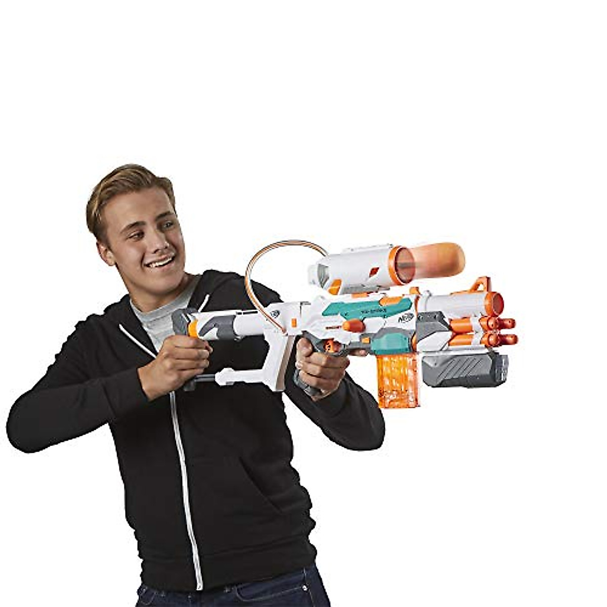 Nerf Modulus Tri-Strike Blaster, Mega Barrel, Rocket Launcher, Clip, 10 Elite Darts, 4 Mega Darts, 1 Rocket, Kids Outdoor Games (Amazon Exclusive)