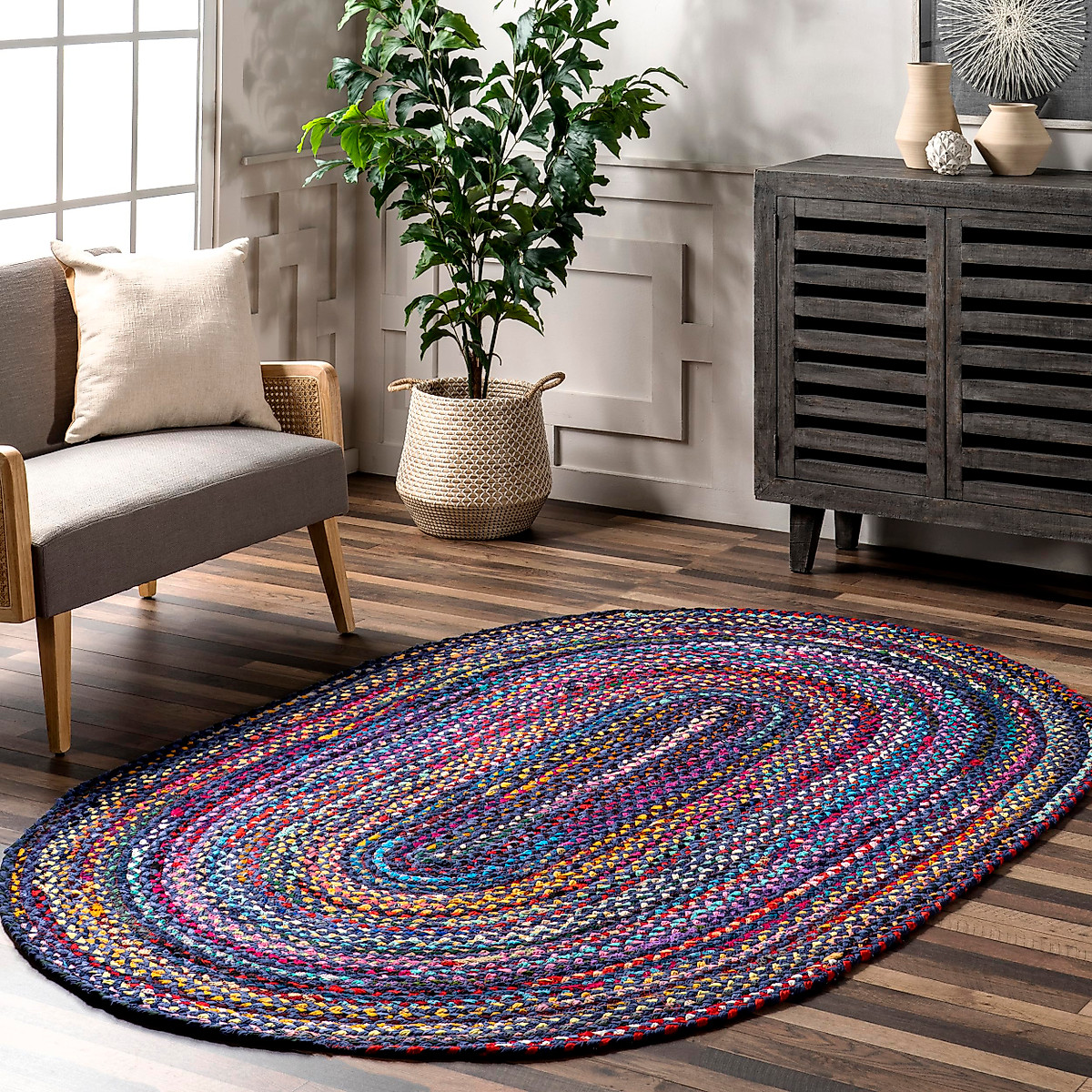 nuLOOM Tammara Bohemian Hand Braided Area Rug, Oval 5x8, Blue