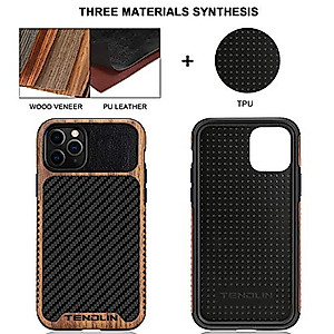 TENDLIN Compatible with iPhone 11 Pro Case Wood Grain with Carbon Fiber Texture Design Leather Hybrid Case