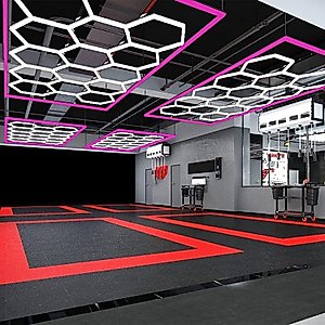 SENKOYU Car Detailing Led Garage Light Hexagon 14 Grid System Workshop Light Supermarket and Gym IP54 72900lm Modern Pink Light for Bar Club Hotel Game Room Party Decor Ceiling Lamp with Pink Border