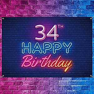 Glow Neon Happy 34th Birthday Backdrop Banner Decor Black – Colorful Glowing 34 Years Old Birthday Party Theme Decorations for Men Women Supplies