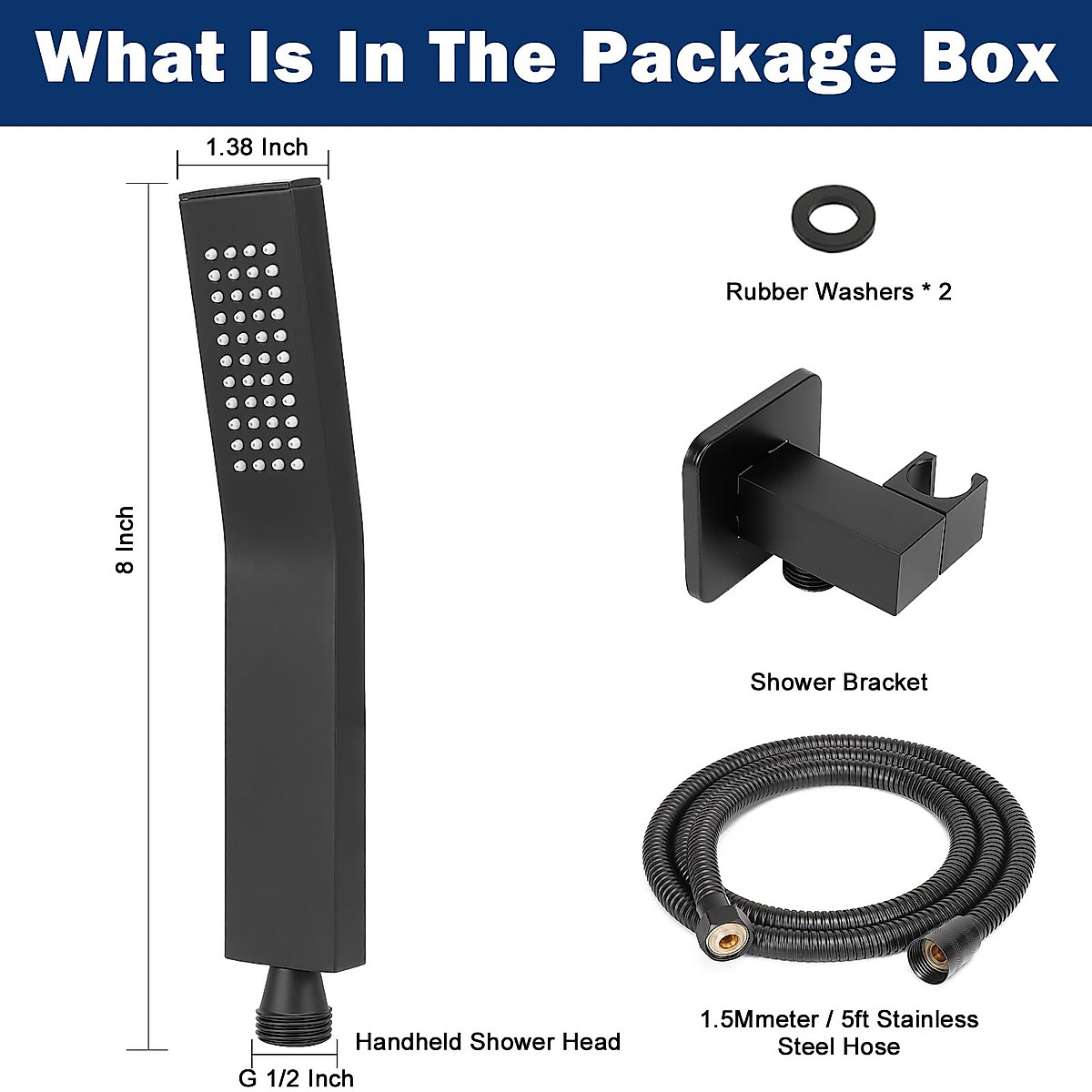 NearMoon Modern Square Style Brass Handheld Shower Head with 5ft Stainless Steel Hose, Matte Black, 2-Year Warranty