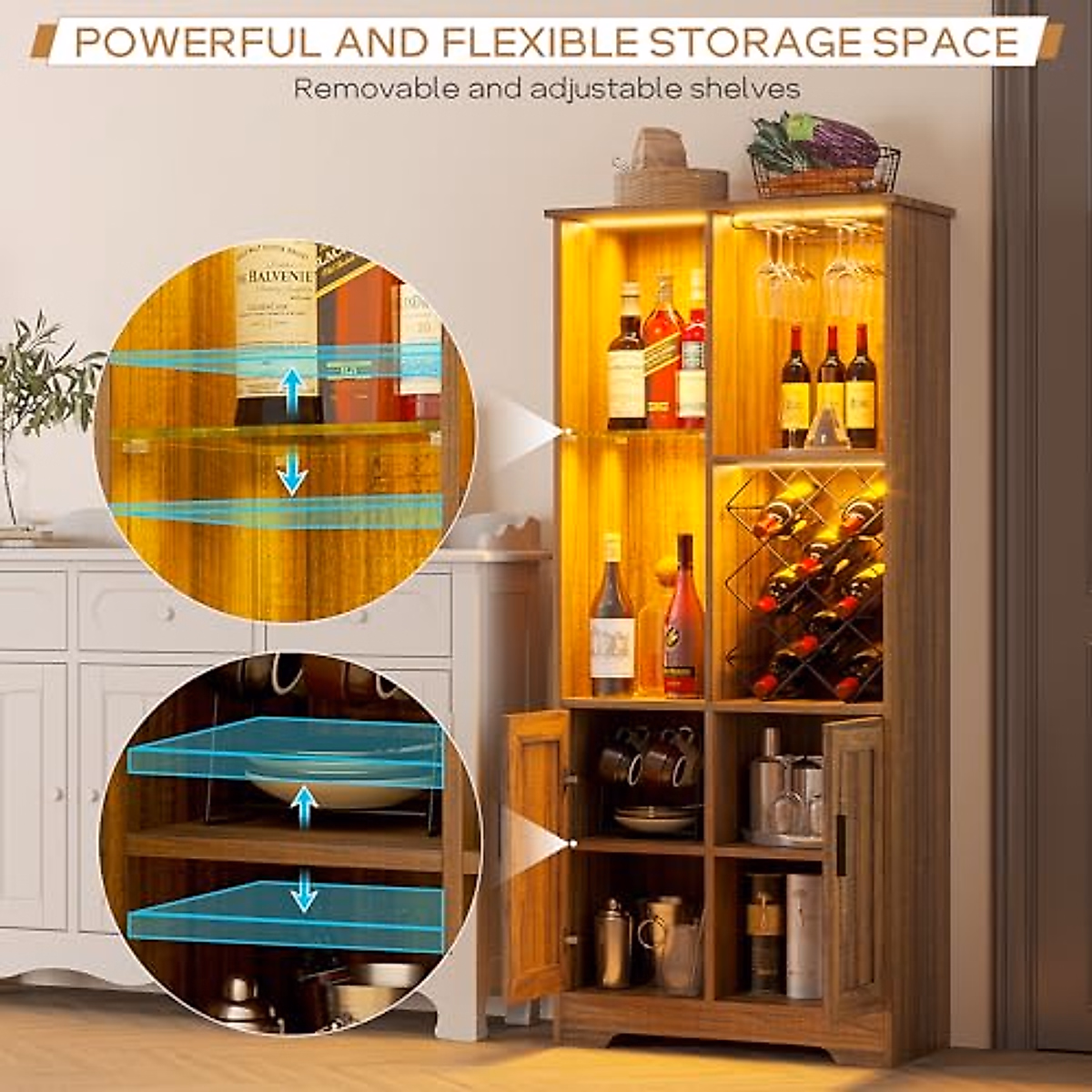Kasibie Wine Cabinet, Wine Bar Cabinet with LED Lights, Liquor Cabinet with Glass Holder Wine Rack, Farmhouse Modern Liquor Cabinet with Storage for Home (Brown)