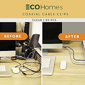ECOHomes 50 PCs Coax Cable Wire Organizer Clips, Coaxial & Ethernet Cable Clips - Indoor & Outdoor Stick On Adhesive Extension Cord Power Cord Clips for Wall, Lights, Desk, Baseboard Wire Management
