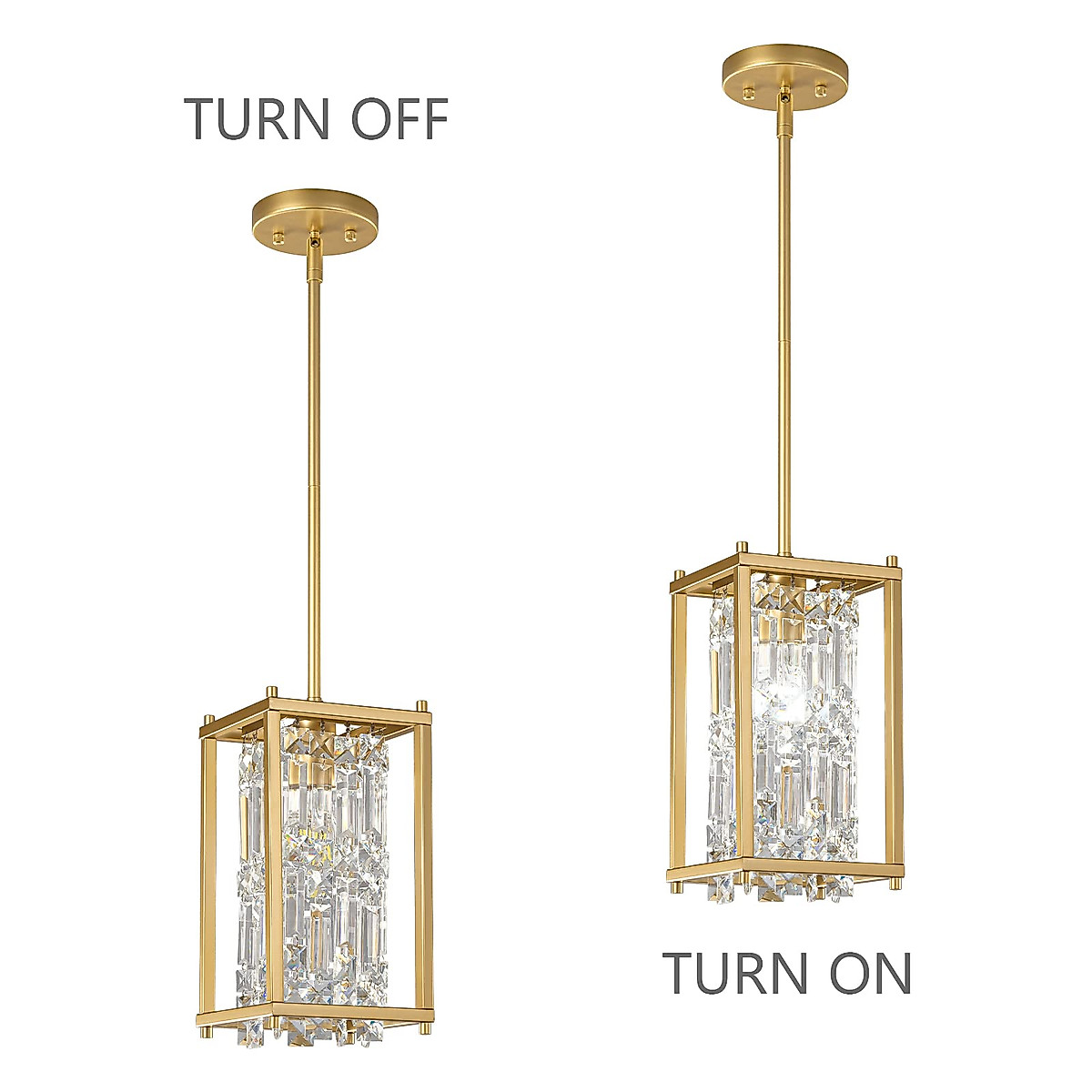 LMQNINE Dining Room Light Fixture Semi Flush Mount Ceiling Light, Industrial Farmhouse Chandelier Gold Metal Crystal Pendant Light for Hallway Balcony Kitchen Island (Square 1-Light)