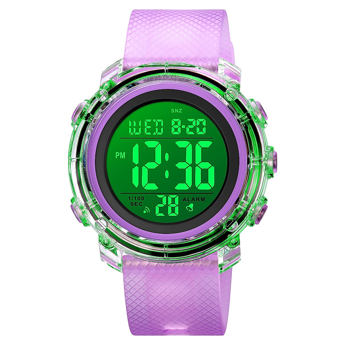 Gosasa Outdoor Sport Women Watches Fashion Ladies Casual Watch Calendar Week Display Alarm 5Bar Waterproof PU Strap LED Digital Watch (X-Purple)