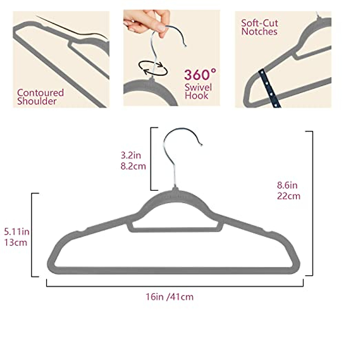 ATZJOY Non Slip Space Saving Velvet Hangers (50 Pack, Gray)