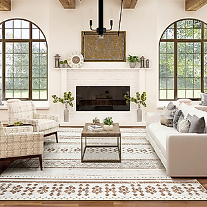 BESTSWEETIE 8x10 Area Rug for Living Room Washable Rug Moroccan Farmhouse Neutral Geometric Soft Low Pile Non-Slip Water Repellent Rug for Dining Room Bedroom Cream/Brown