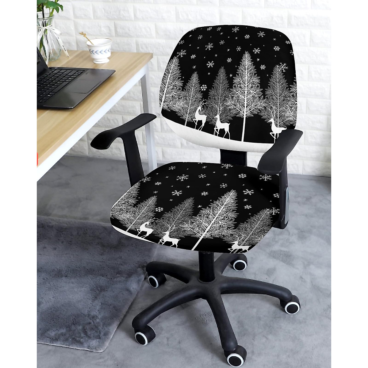 Snowflake Elk Office Chair Cover Stretchable Computer Chair Seat Cover Backrest Slipcovers, Stretchable Rotating Desk Chair Seat Cushion Split Protectors Geometric Christmas Tree Branch Black
