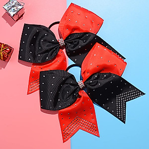 DEEKA 10 PCS Rhinestones Two Toned Large Cheer Hair Bows 7" Glitter Cheer Ponytail Holder Handmade for Teen Girls Softball Cheerleader Sports -Red/Black