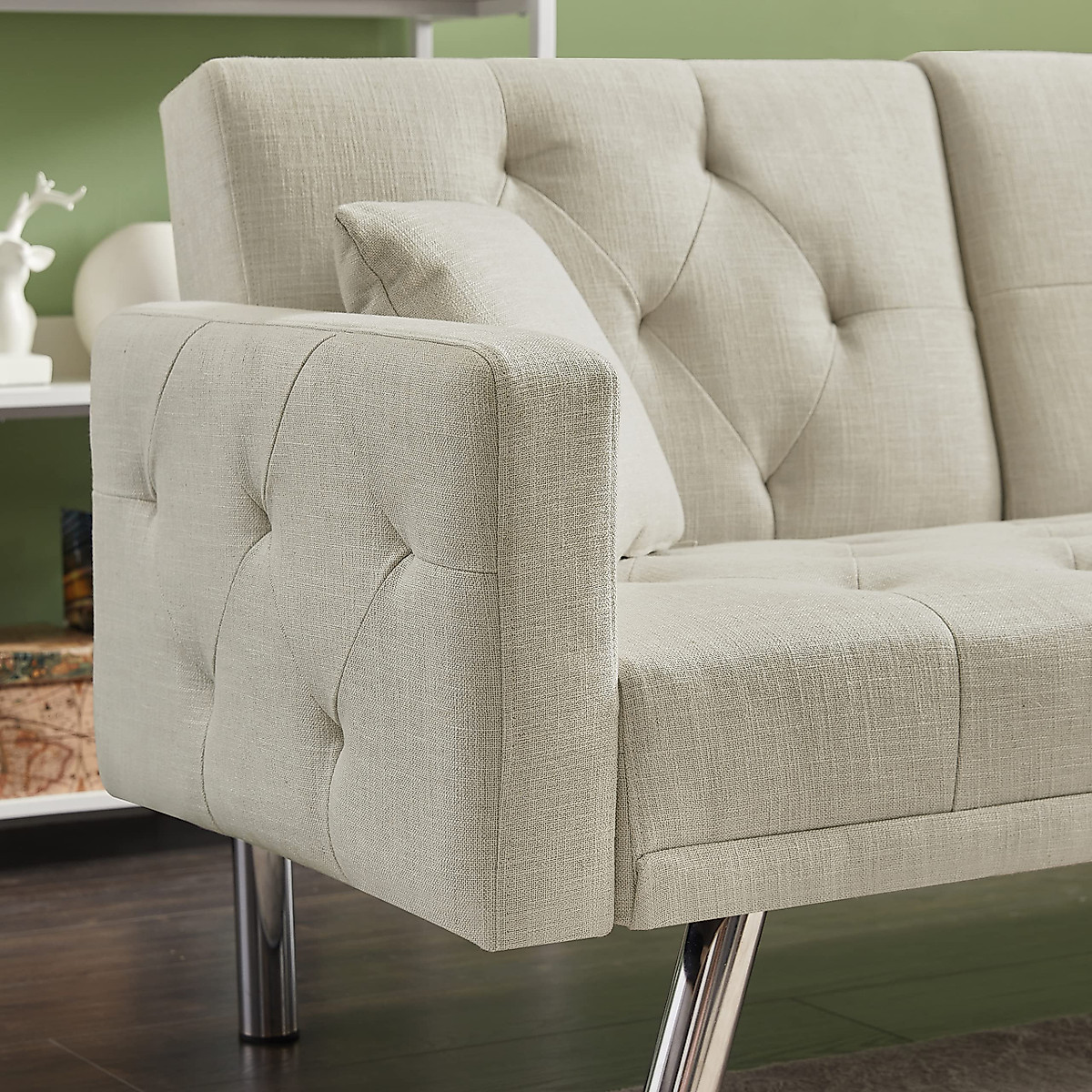 Foldable Futon Sofa Loveseat Convertible Sleeper Couch Bed for Small Space Apartment Office Living Room Furniture Sets with 2 Cup Holders, Tufted Back & Seat Orange PU Leather 67" W