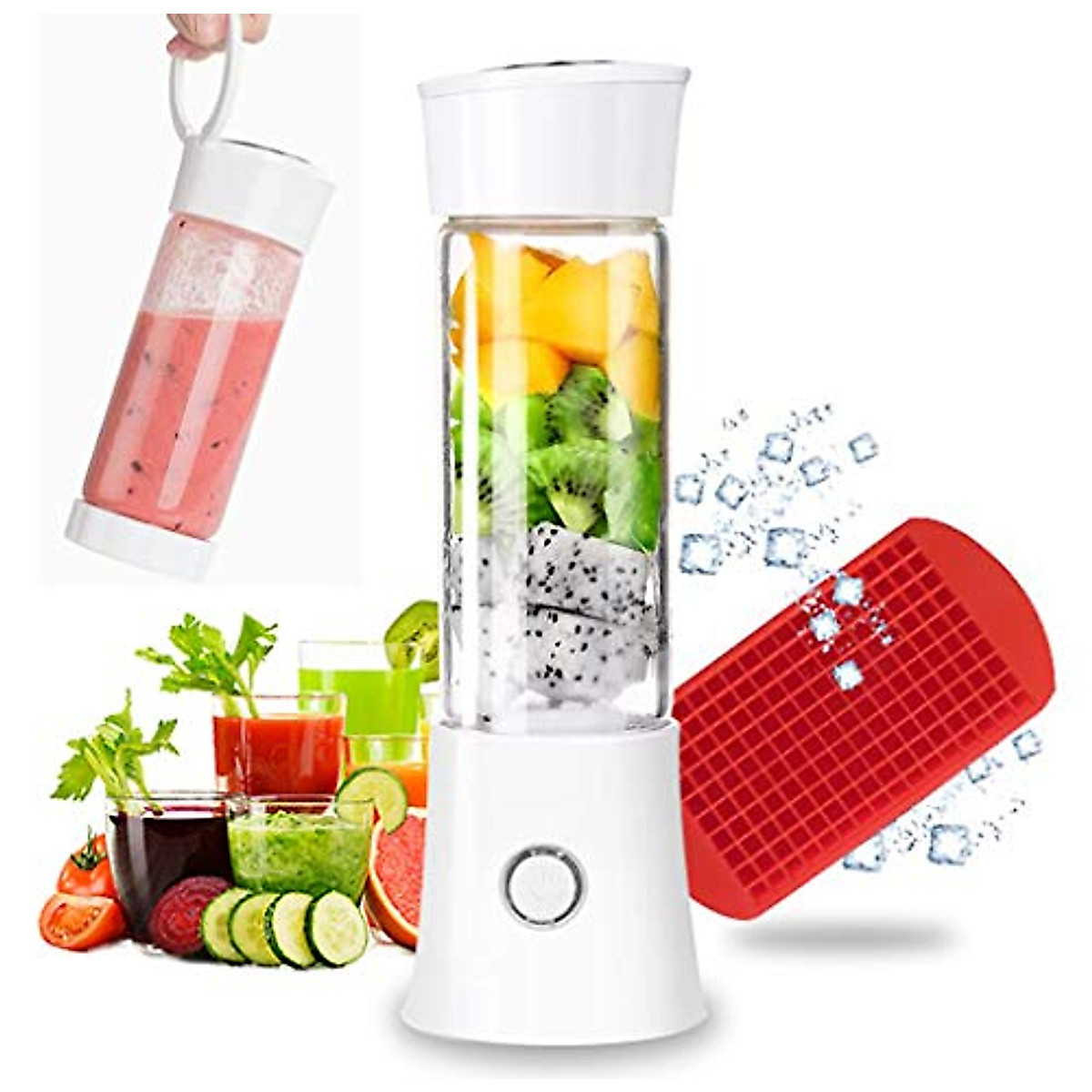 Portable Blender, Smoothie Blender with 16oz Travel Glass Cup and Lid 4000mAh Battery 7.4V Strong Power Personal Size Blender USB Rechargeable Mini Juicer Cup Travel Blender for Shakes and Smoothies with Stainless Steel 6 Blades BPA Free(White)