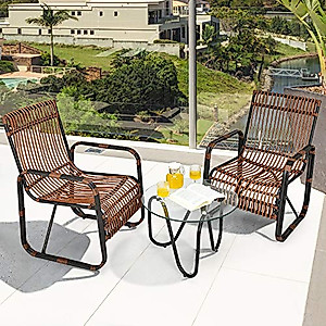 RELAX4LIFE 3-Piece Patio Conversation Set - PE Wicker Bistro Set with 2 Single Chairs & Tempered Glass Coffee Table, Outdoor Furniture Set for Garden, Backyard, Poolside, Lawn