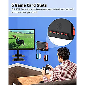 ZAONOOL Wall Mount for Nintendo Switch and Switch OLED, Wall Mount Kit Shelf Stand Accessories with 5 Game Card Holders and 4 Joy Con Hanger, Safely Store Your Switch Console Near or Behind TV (Black)