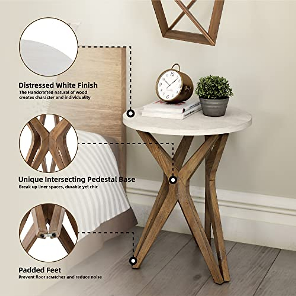 COZAYH Pedestal Farmhouse End Table, Distressed White Top with Tripod Base for Modern Farmhouse, Boho Decor, Round, 20D x 20W x 23.25H in