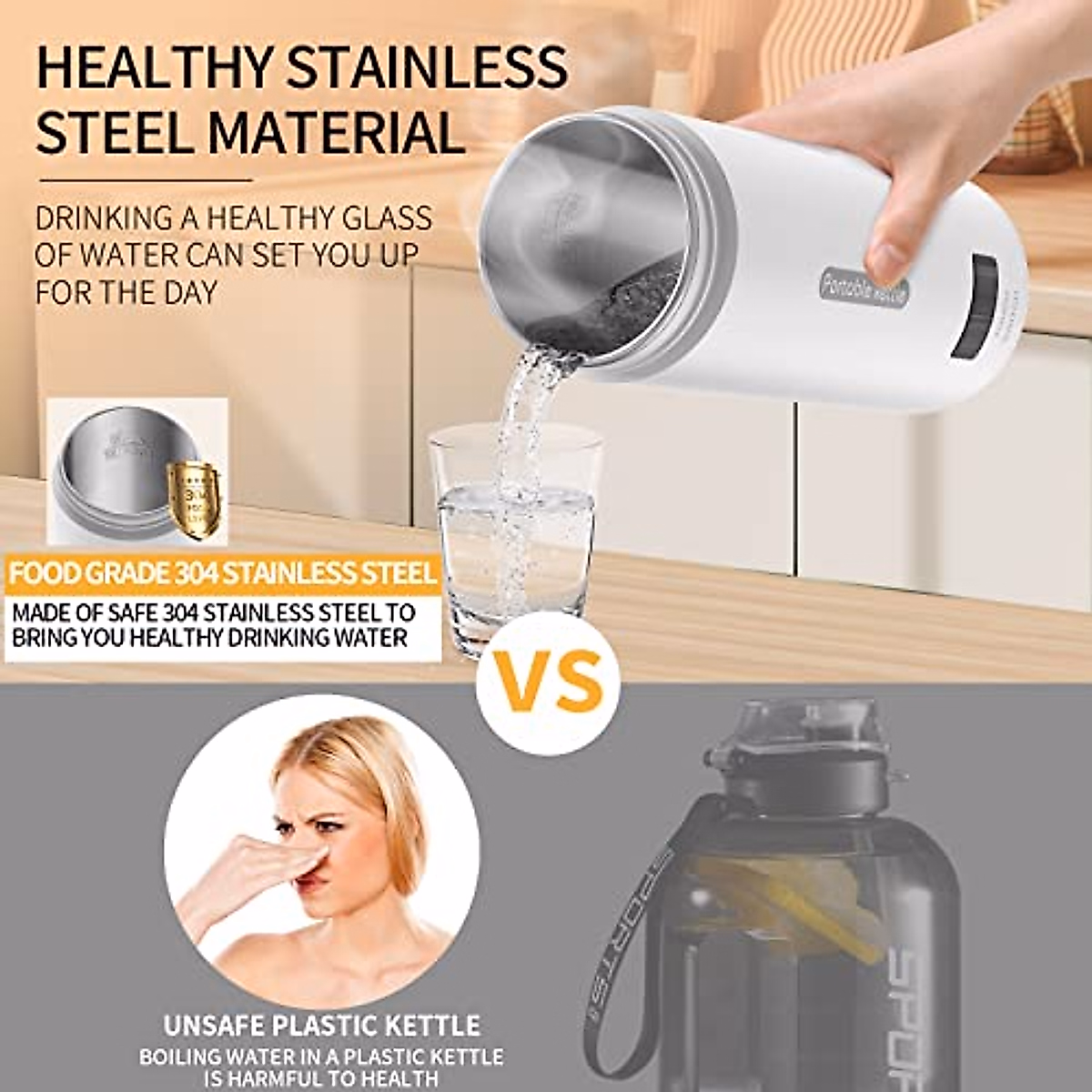 Haspsso Small Electric Kettle for Travel, Portable Tea Hot Water Boiler, Mini Coffee Water Kettle 100% 304 Stainless Steel with 4 Temperature Control, Auto Shut-Off & Boil Dry Protection