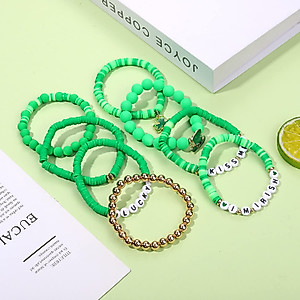 BVGA St. Patrick's Day Heishi Beaded Stretch Bracelets Set for Women Girl Holiday Shamrock Clover Green Leaf Lucky Charm Stretch Bracelets Jewelry Set for Party Parade 6 Pieces