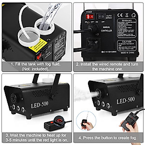 Fog Machine, 500W Portable Led Fog Machine with 11ft Wired Receiver and Wireless Remote Control, Three-Color Smoke Machine Suitable for Christmas/Valentine's Day/Halloween/Wedding/Party/DJ (Black)