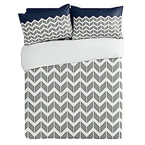 Nautical Navy Blue Twin Duvet Covers Zig Zag Stripe 3-Piece Bedding Sets Luxury Soft Microfiber Bed Comforter Protector with Pillow Cases for Women Men Girl Boy Grey White Chevron