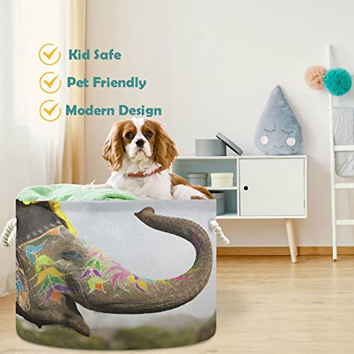 visesunny India Elephant with Painted Laundry Baskets Fabric Storage Bin Storage Box Collapsible Storage Basket Toy Clothes Shelves Basket for Bathroom,Bedroom,Nursery,Closet,Office